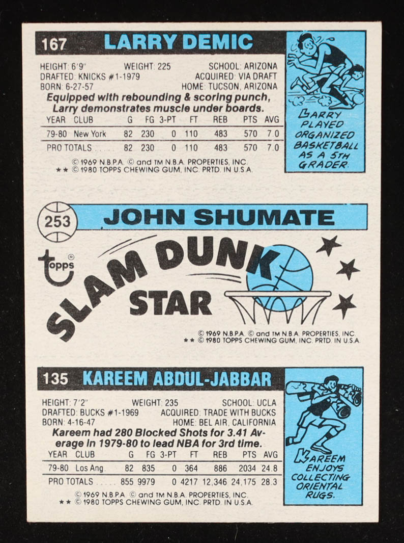 Kareem Abdul-Jabbar / John Shumate SD / Larry Demic 1980-81 Topps #132 ...