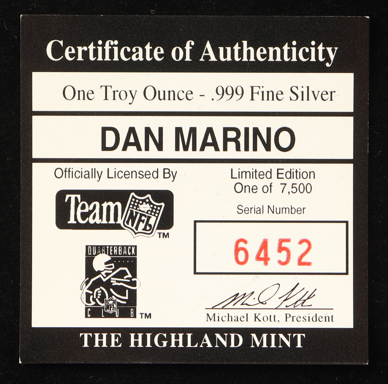 Dan Marino LE The Highland Mint 1oz Fine Silver Coin | Pristine Auction