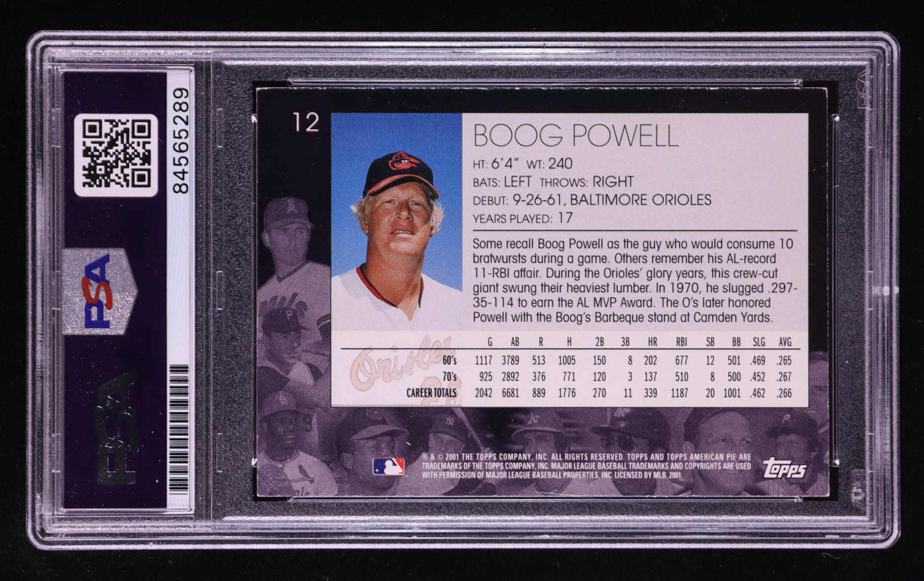 Boog Powell Signed 2001 Topps American Pie 12 Psa Authentic