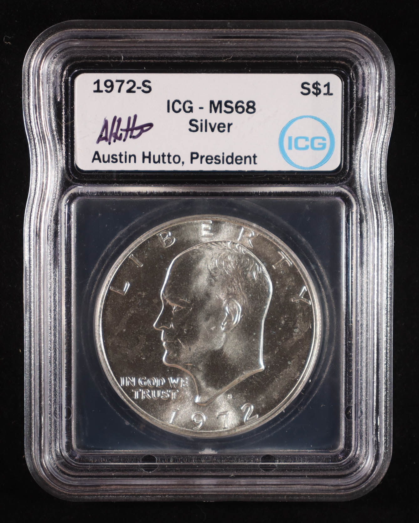 1972-S Eisenhower Silver Dollar - Austin Hutto Signature Label (ICG ...