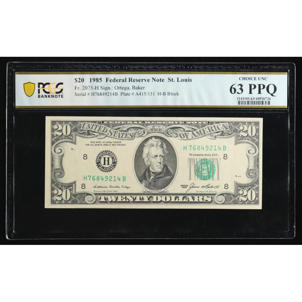 1985 U.S. $20 Federal Reserve Note, St. Louis - Fr. 2075-H (HB Block ...
