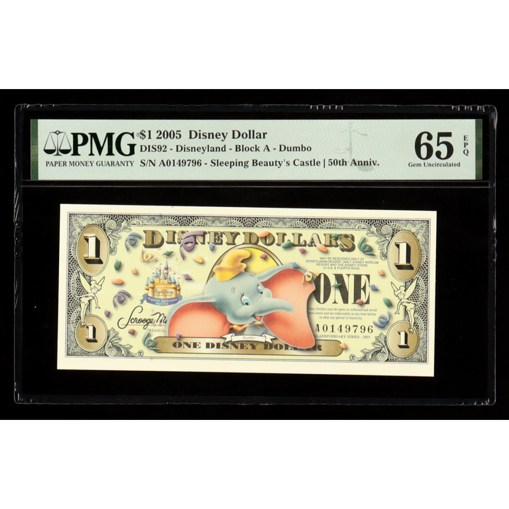 2005 Disneyland $1 Disney Dollar Note Dumbo / Sleeping Beauty's Castle ...
