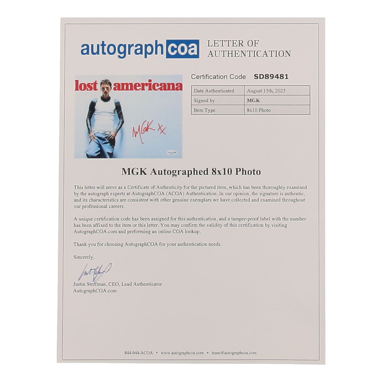 Machine Gun Kelly Signed "Lost Americana" Custom Matted Print Display ...