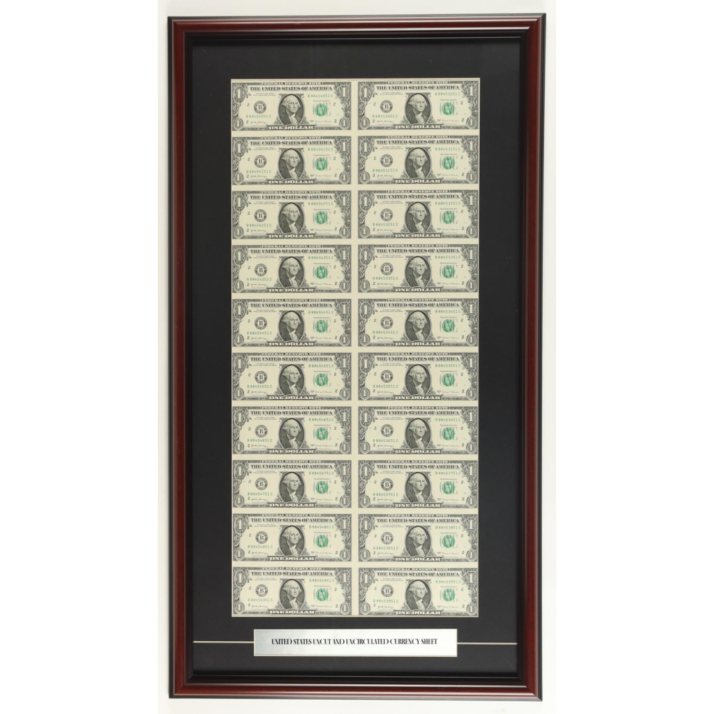 Uncut Uncirculated Sheet of (20) 2017 US One Dollar Bills Custom Framed ...