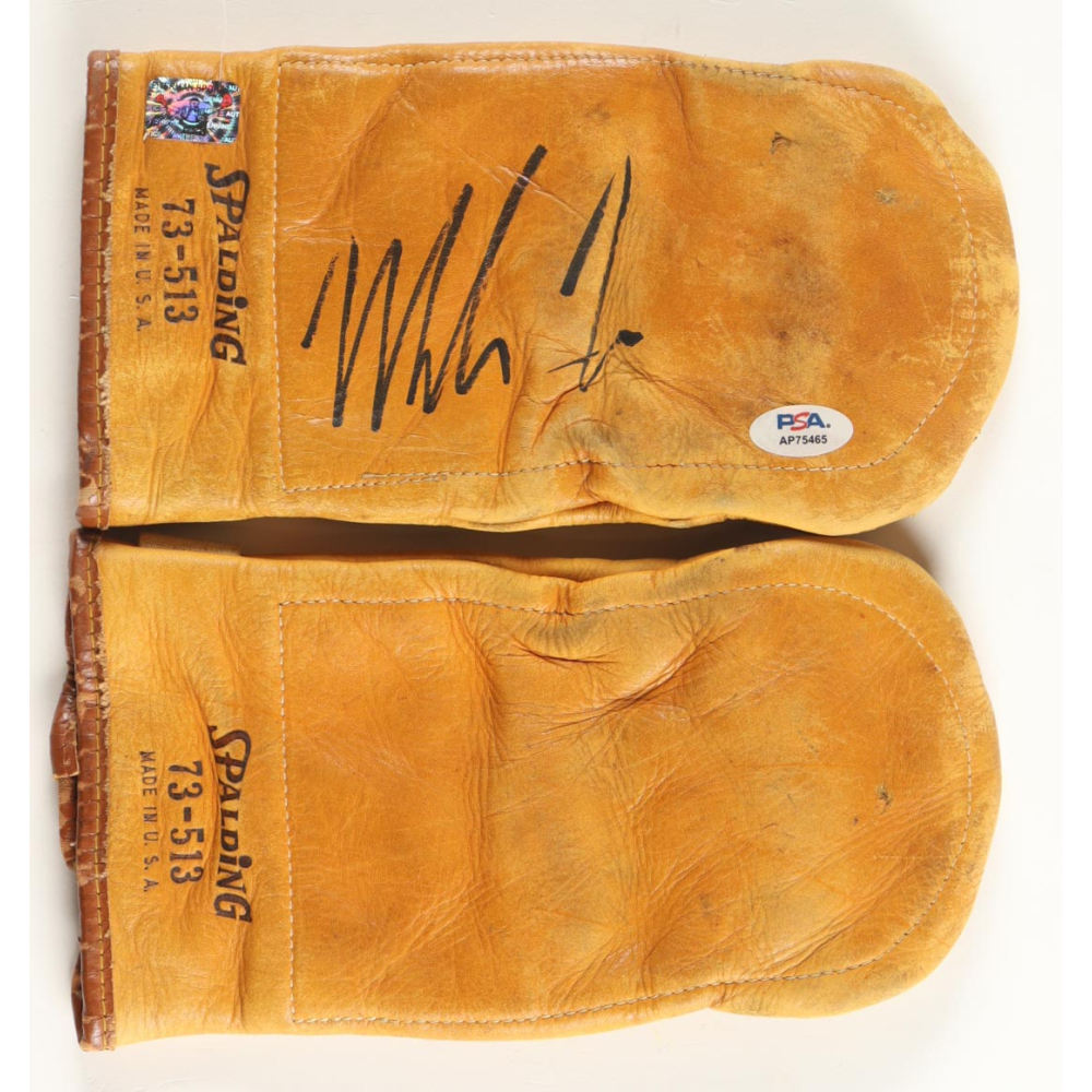 Mike Tyson Signed Set Of (2) Spalding Vintage Tan Sparring Boxing ...