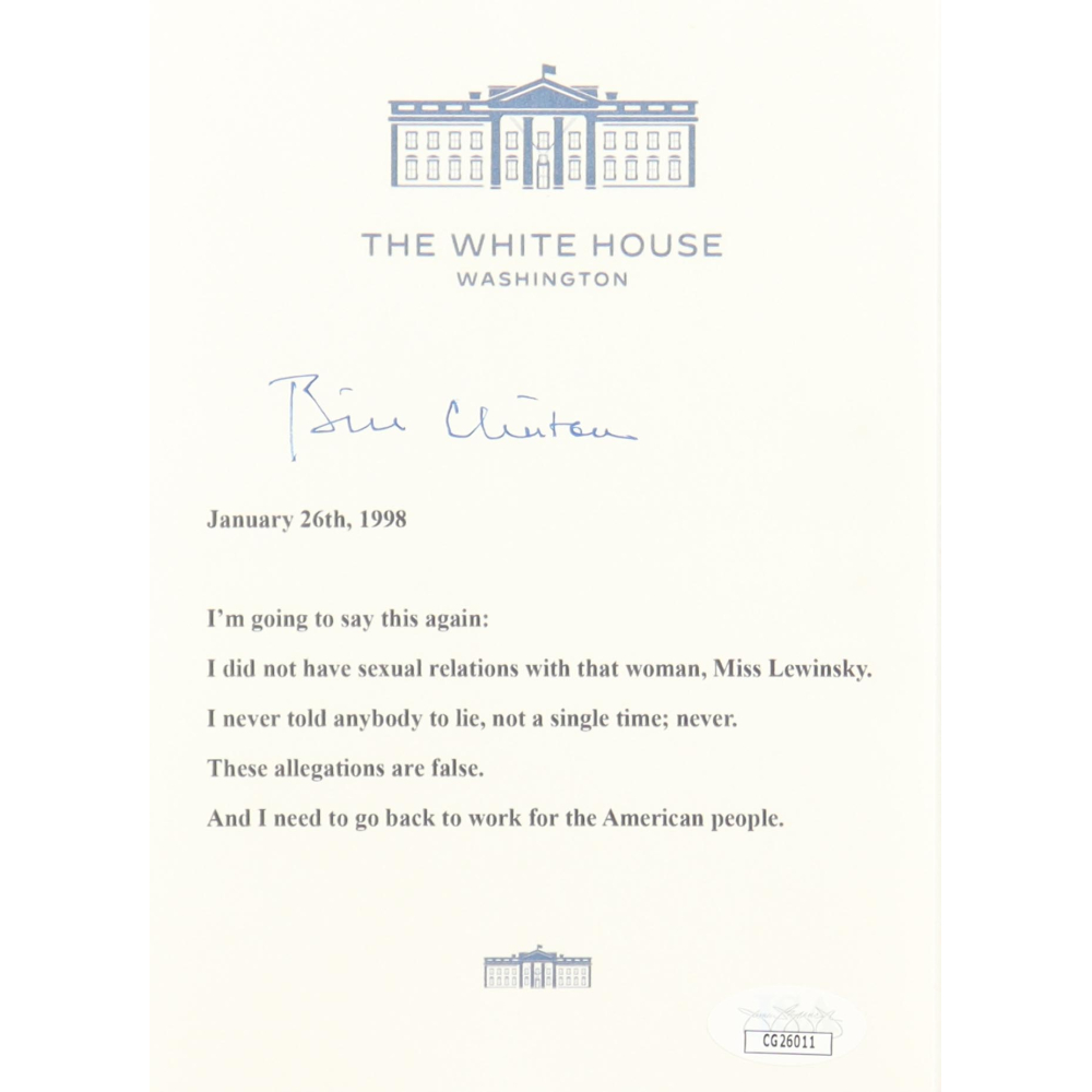Bill Clinton Signed "Clinton-Lewinsky Scandal" Cut (JSA) | Pristine Auction