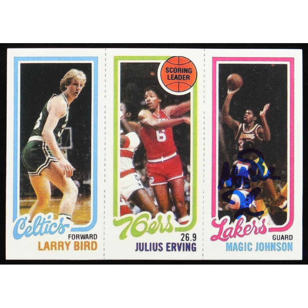 Magic Johnson Signed 1980-81 Topps #6 Larry Bird #34 RC / Julius Erving ...