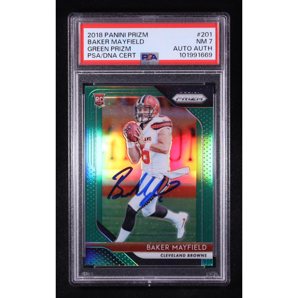 Baker Mayfield Signed 2018 Panini Prizm Prizms Green #201 RC (PSA 7 ...