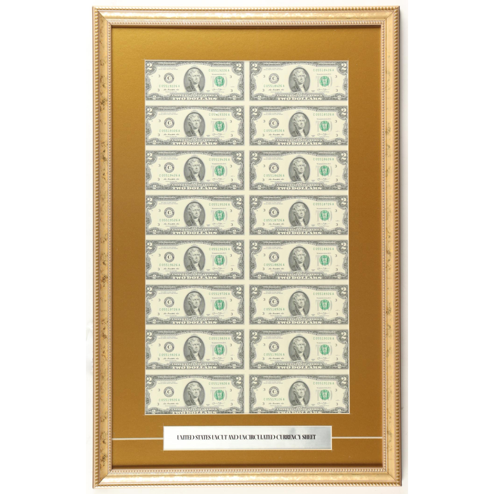 2013 U.S. $2 Dollar Bill Custom Framed Uncut Sheet Of (16) Bills with ...