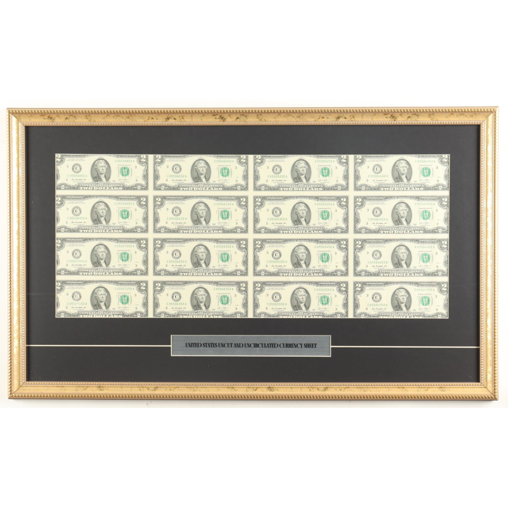 2013 U.S. $2 Dollar Bill Custom Framed Uncut Sheet Of (16) Bills with ...