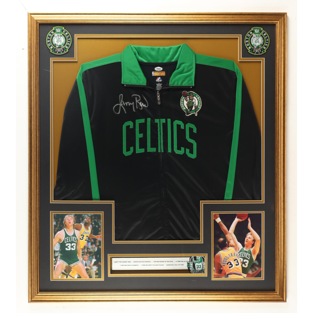 Larry Bird Signed Custom Framed Warm Up Top Display with Stat Plaque ...
