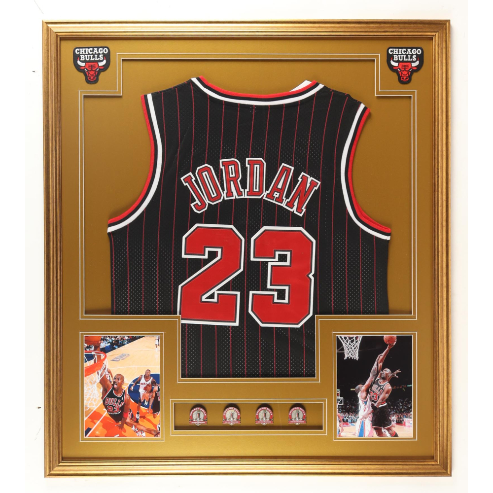 Michael Jordan Custom Framed Jersey Display With (4) Champion Pins | Pristine Auction