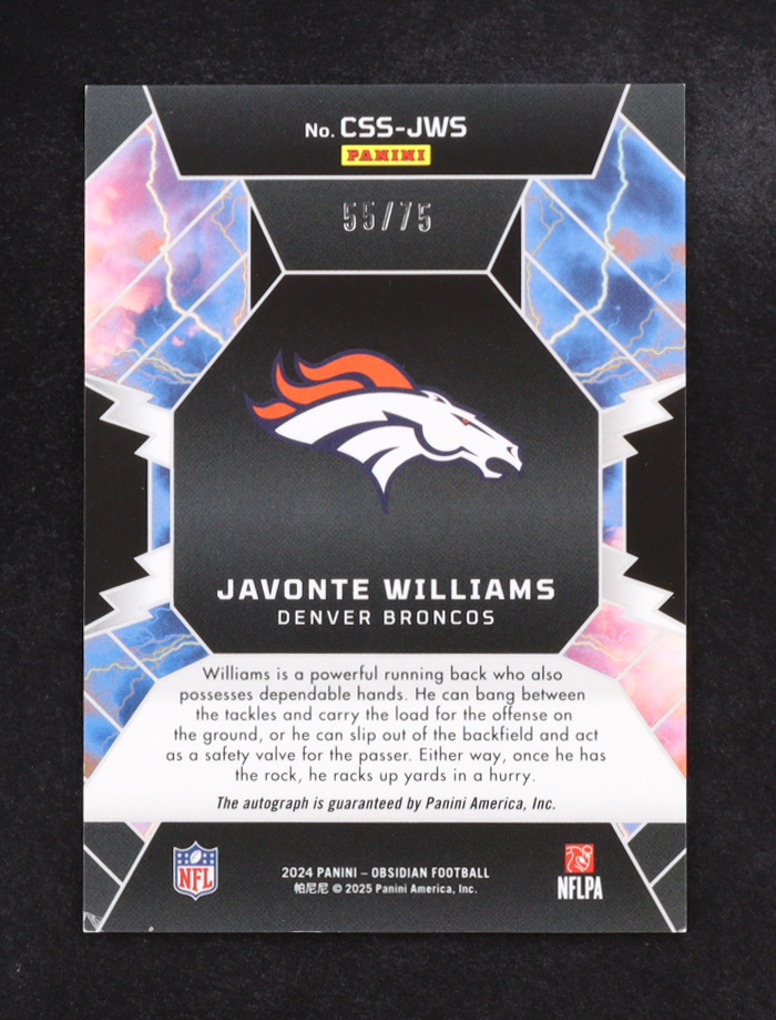 Javonte Williams 2024 Panini Obsidian Cosmic Storm Signatures Red #3 ...