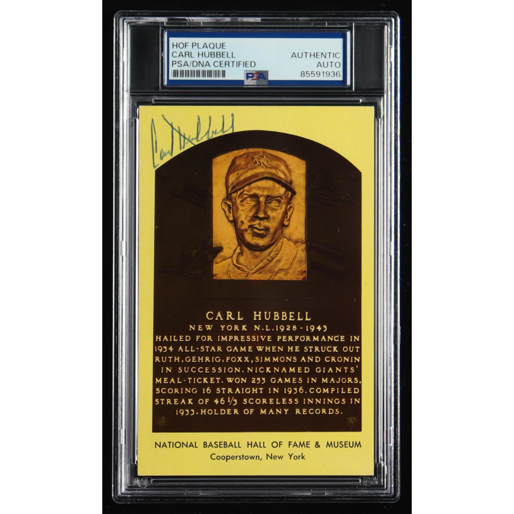 Carl Hubbell Signed Cut on Hall of Fame Plaque Postcard (PSA ...