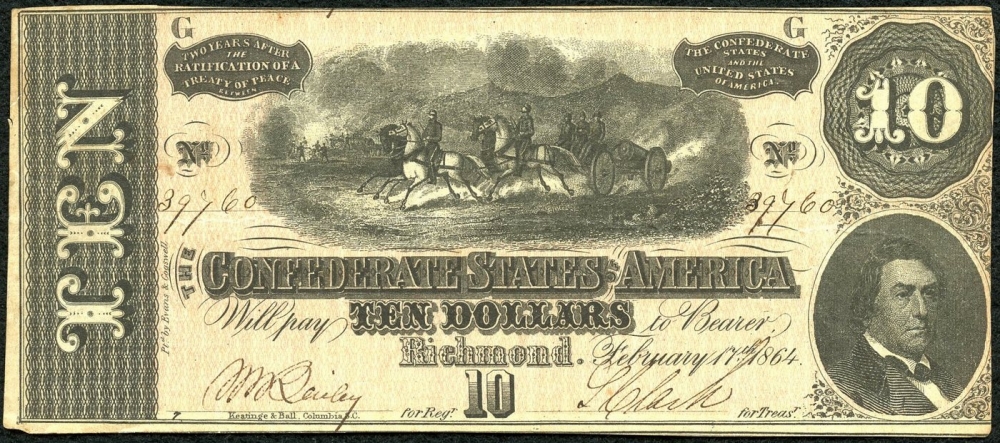 1864 Confederate States of America $10 Ten Dollar Richmond CSA Bank ...