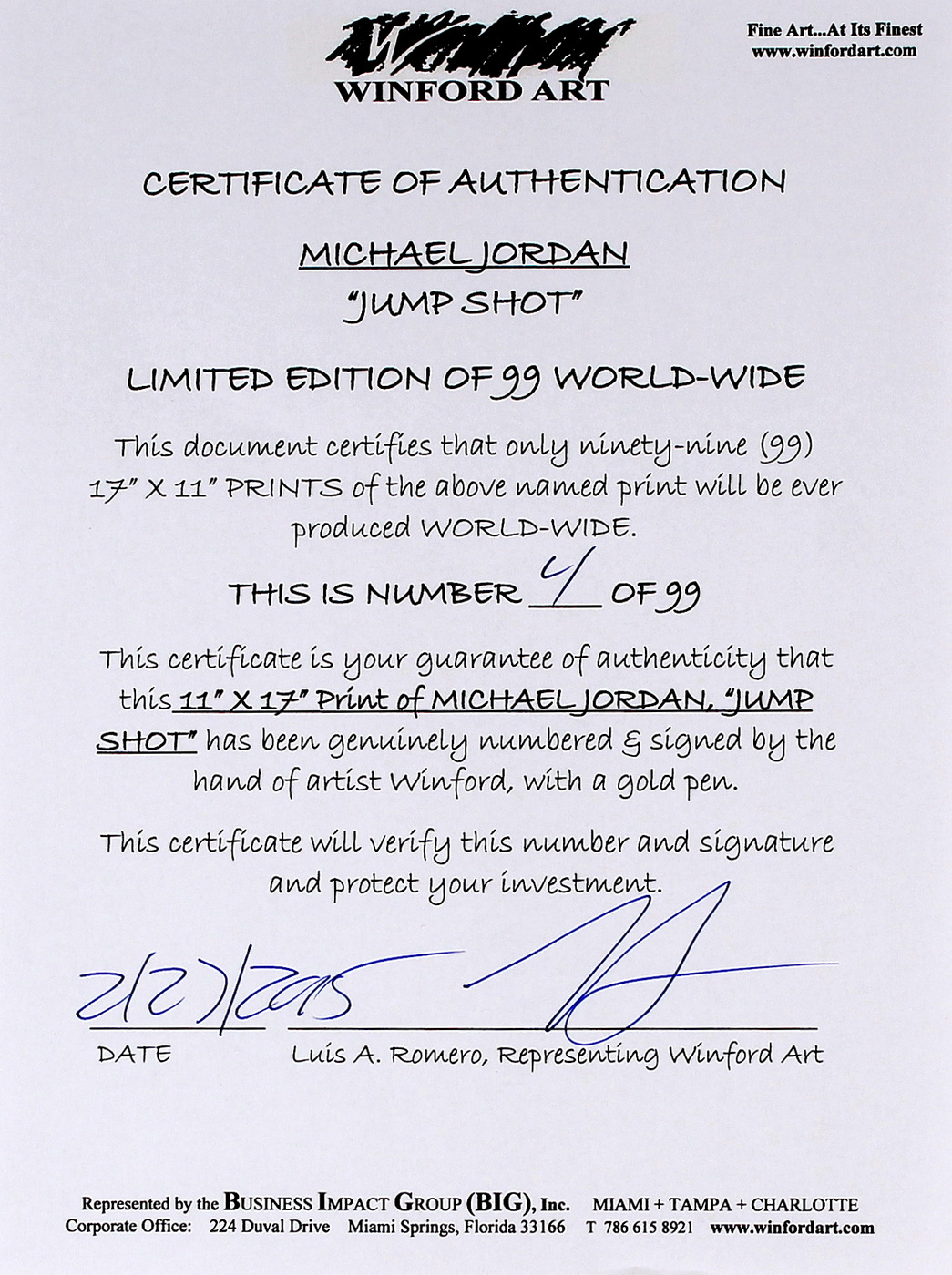 Michael Jordan Bulls 11x17 "Jump Shot" Signed Winford Limited Edition ...