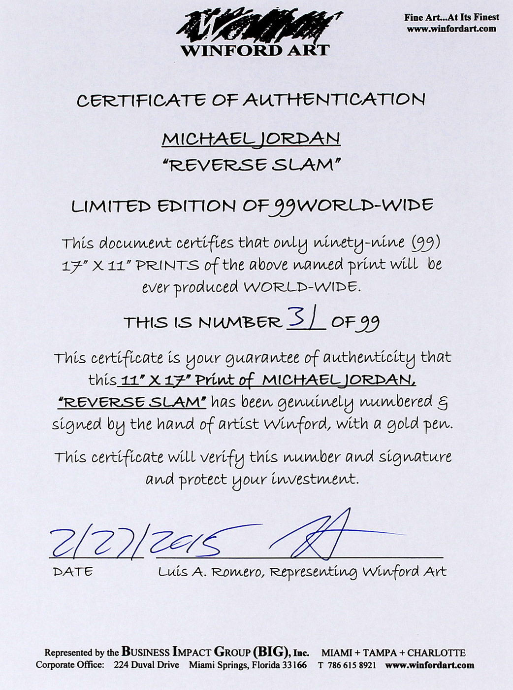 Michael Jordan Bulls 11x17 "Reverse Slam" Signed Winford Limited ...