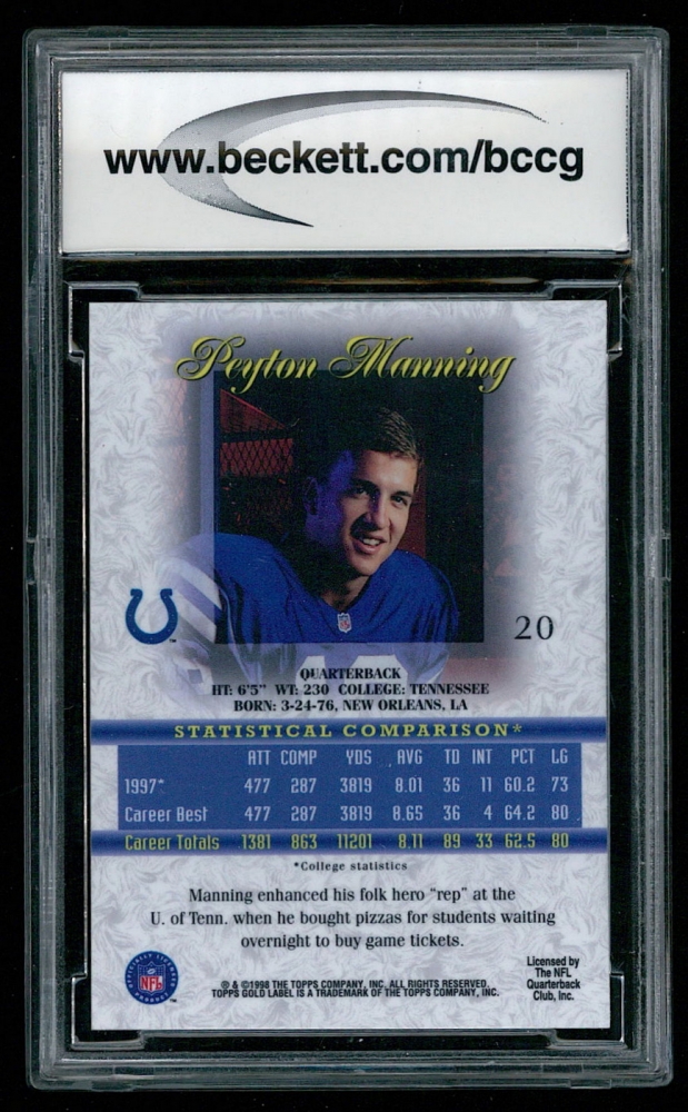 Peyton Manning 1998 Topps Gold Label Class 1 #20 RC (BCCG 10 ...