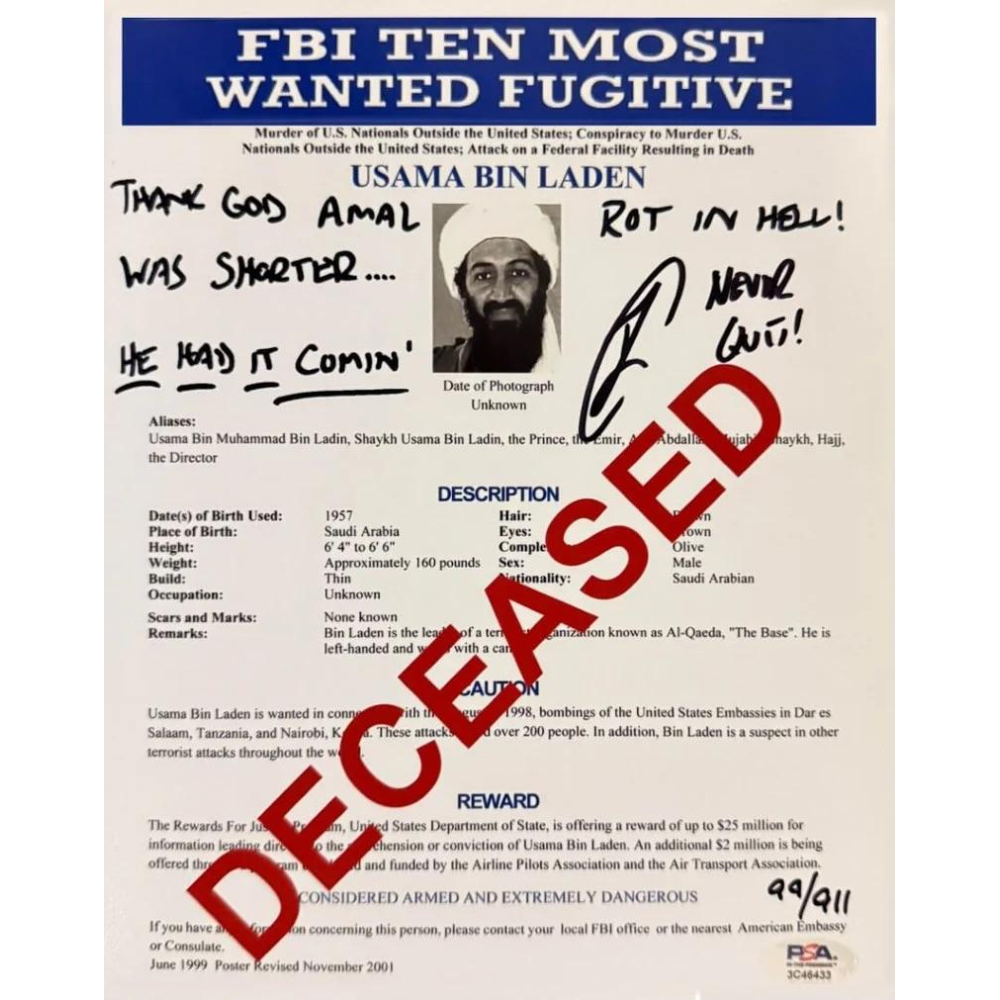 Robert O'Neill Signed LE FBI "DECEASED" 8x10 Document Photo with ...