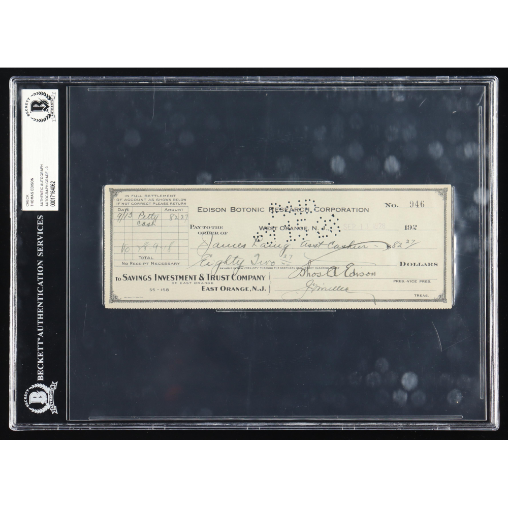 Thomas Edison Signed 1928 Personal Bank Check (BGS | Auto 9) | Pristine ...