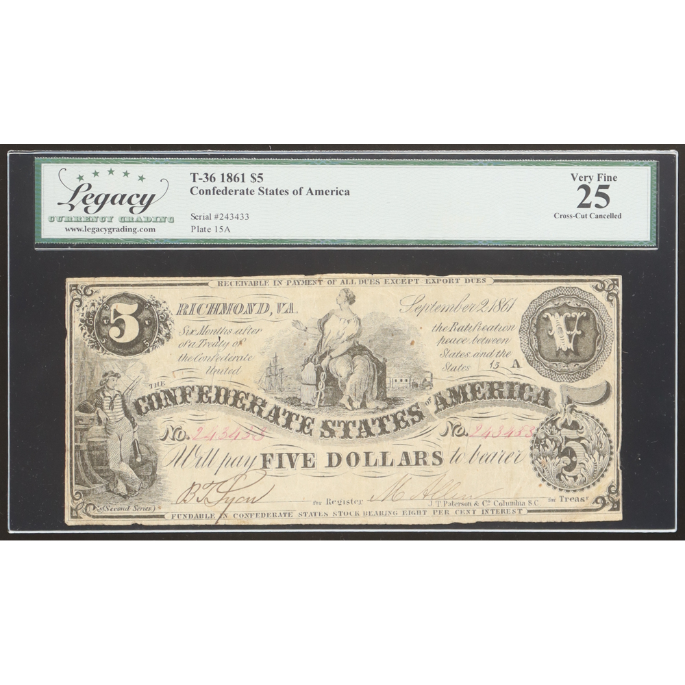 1861 Confederate $5 Currency Note, T-36 (Legacy 25 VF) | Pristine Auction
