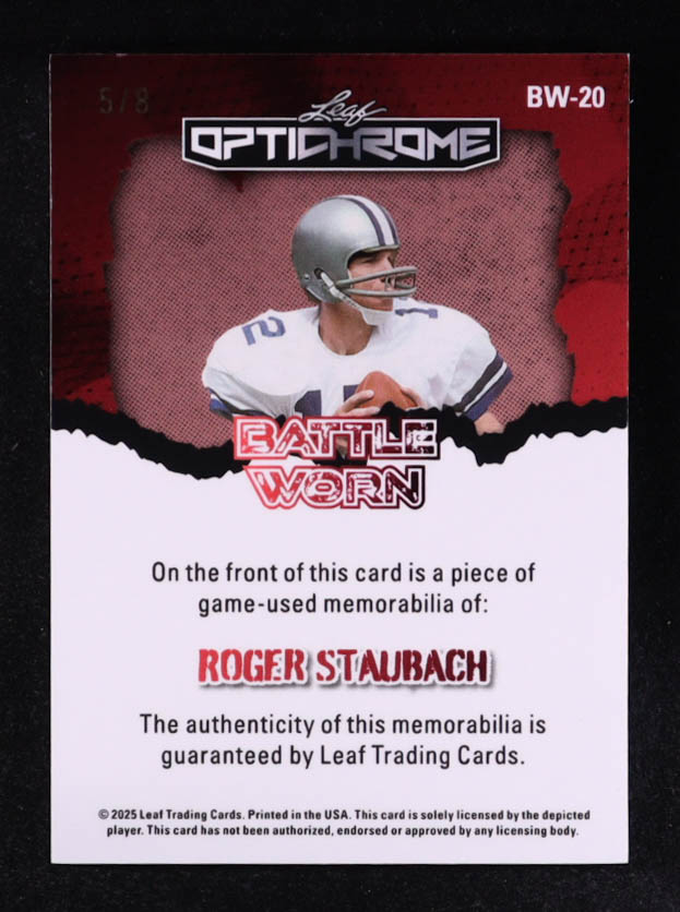 Roger Staubach 2025 Leaf Optichrome Battle Worn Pink Shimmer Materials ...