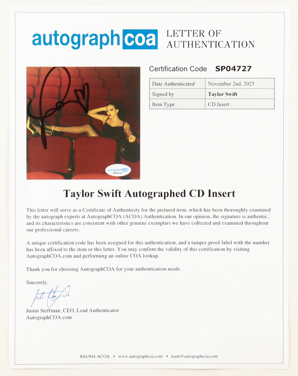 Taylor Swift Signed Custom Framed "The Life of a Showgirl" CD Insert ...
