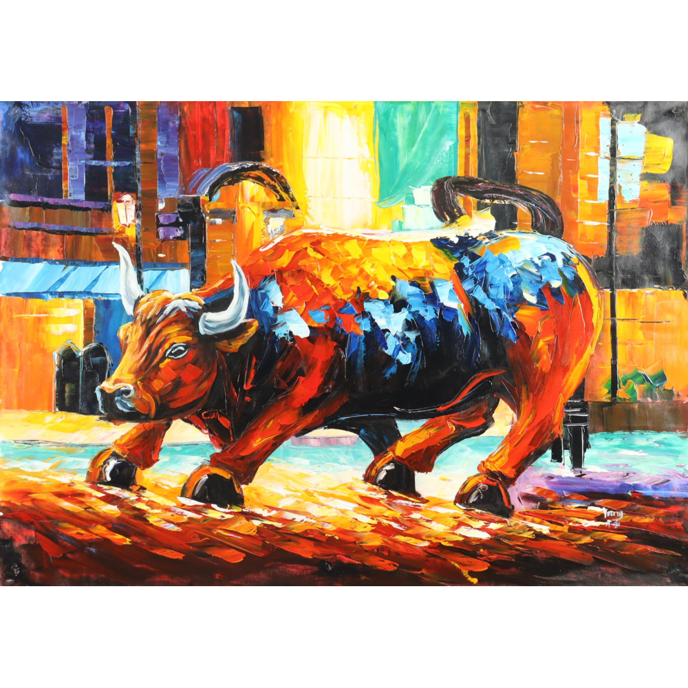 "Charging Bull" 25x36 Original Oil Painting on Linen by Rodney Weng ...