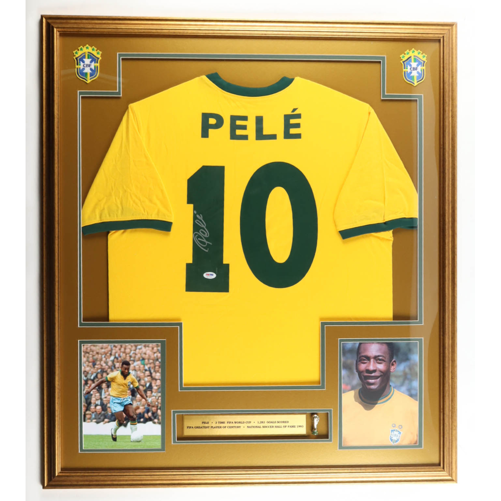 Pele Signed Custom Framed Jersey Display with Stat Plaque & Mini World ...