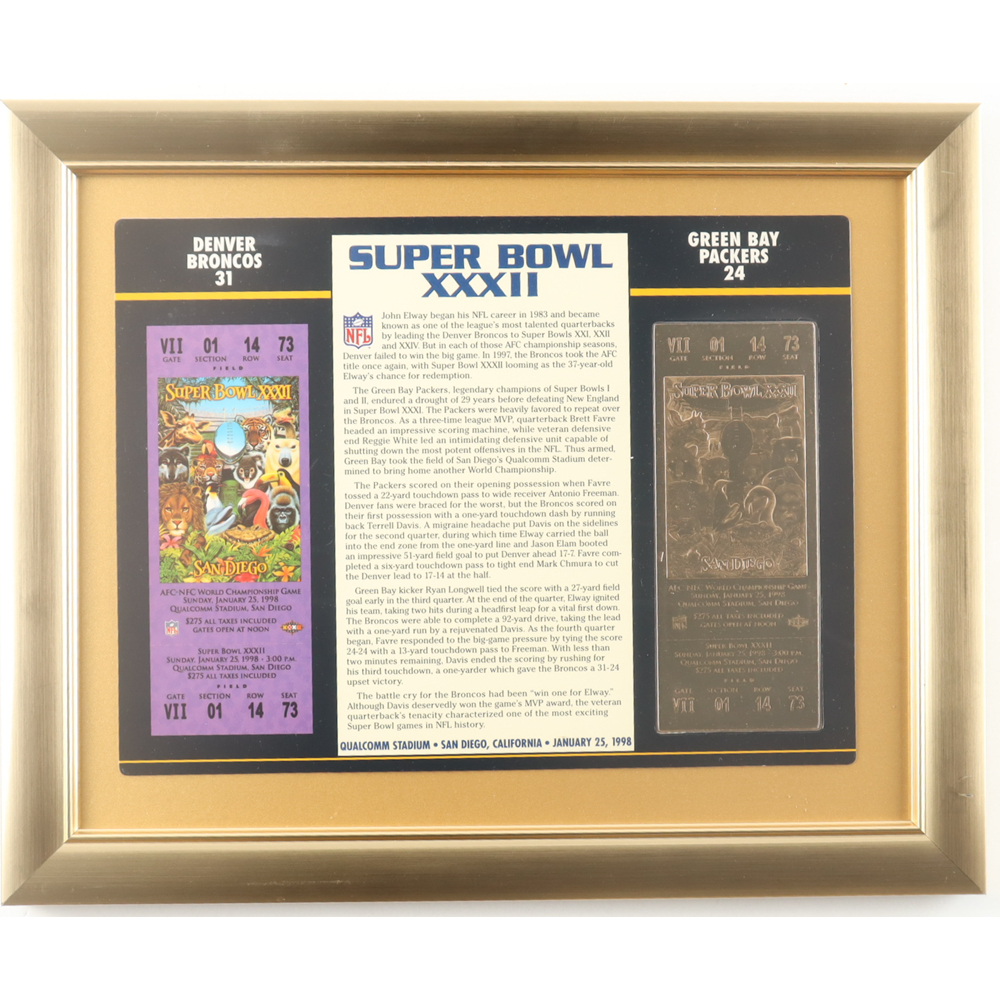 Super Bowl XXXII Commemorative Score Card with 23KT Gold Ticket Framed ...