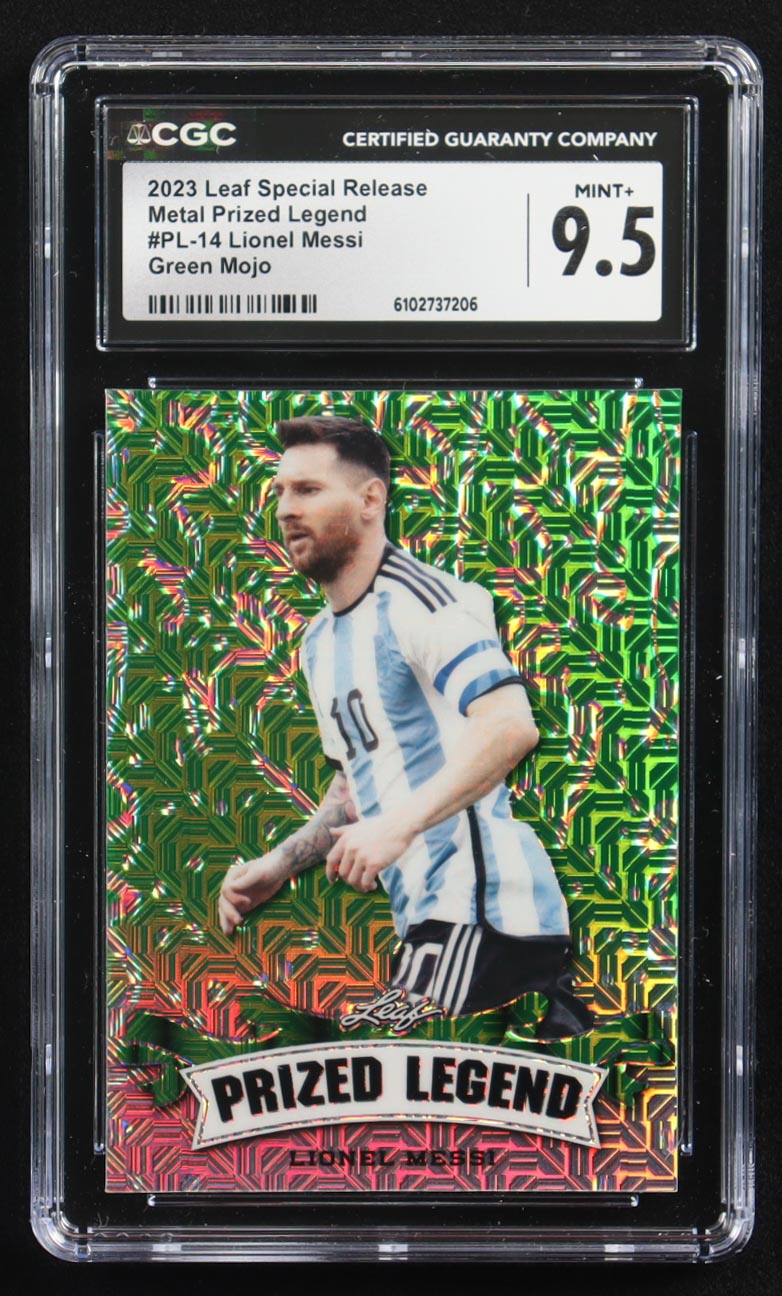 Lionel Messi 2023 Leaf Special Release Metal Prized Legend Green Mojo # ...