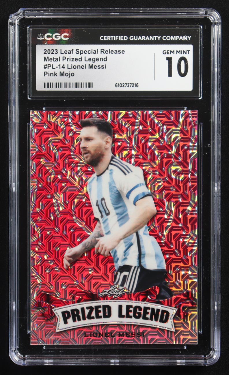 Lionel Messi 2023 Leaf Special Release Metal Prized Legend Pink Mojo # ...