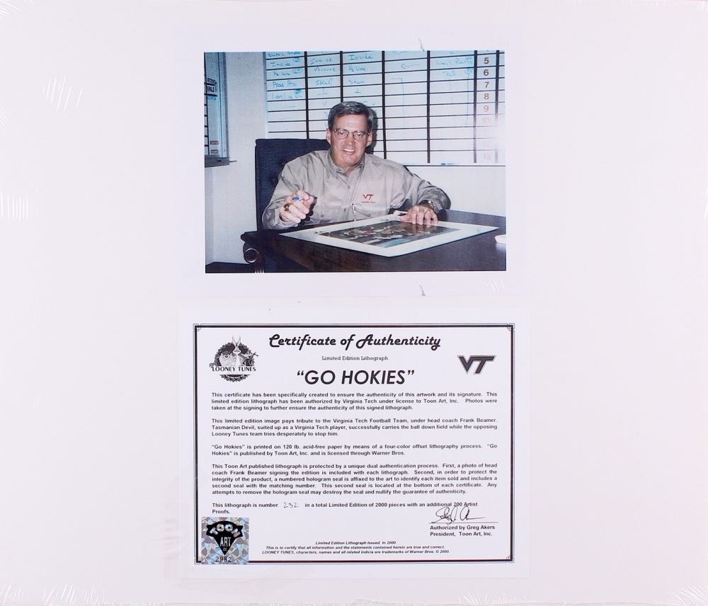 Frank Beamer Signed Virginia Tech "Go Hokies" Looney Tunes LE 19x22 ...