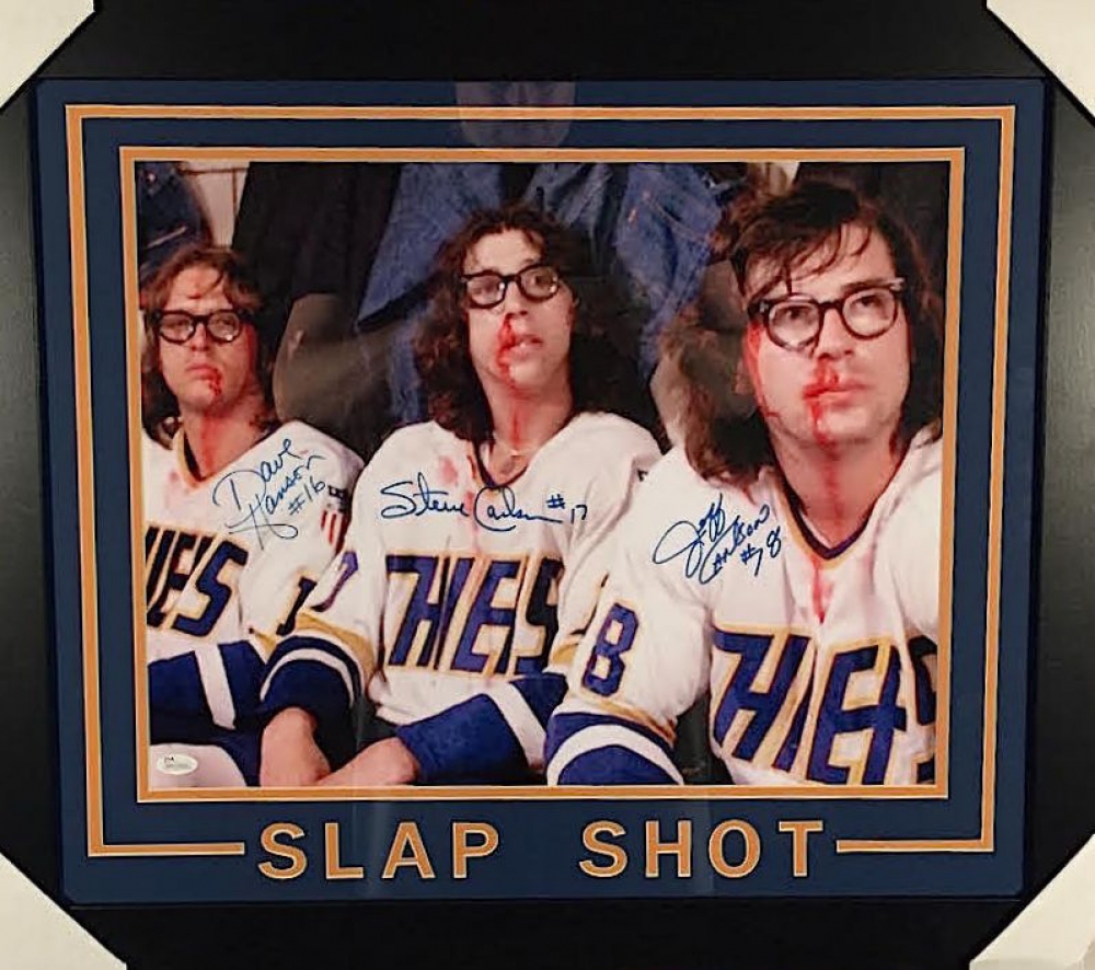 Dave Hanson, Steve Carlson & Jeff Carlson Signed Hanson Brothers "Slap Shot" Chiefs 23x27 Custom ...