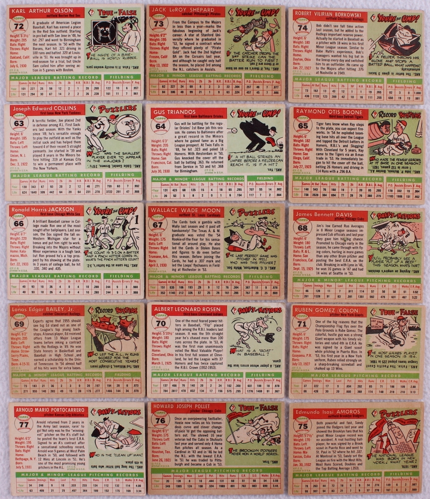 Lot of (15) 1955 Topps Baseball Cards with #75 Sandy Amoros, #77 Arnold ...