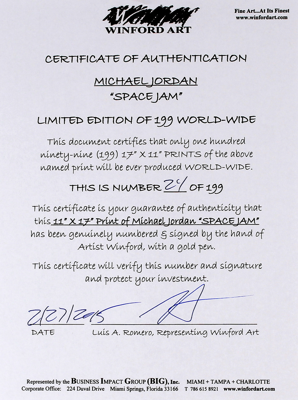 Michael Jordan Bulls 11x17 "Space Jam" Signed Winford Limited Edition ...