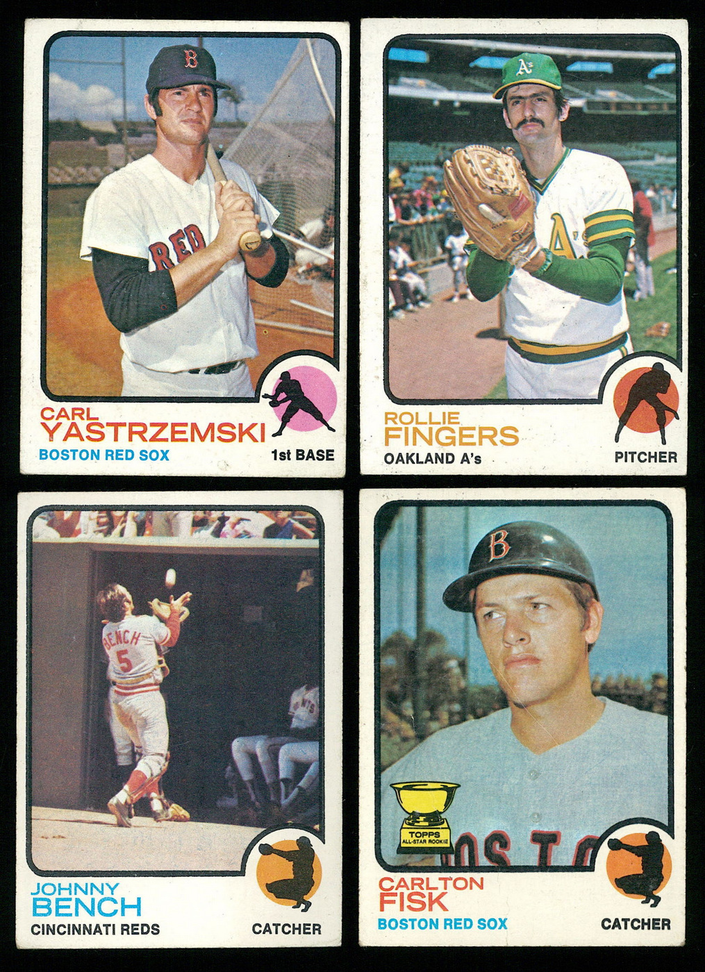 Lot of (4) 1973 Topps Baseball Cards with #84 Rollie Fingers, #245 Carl ...