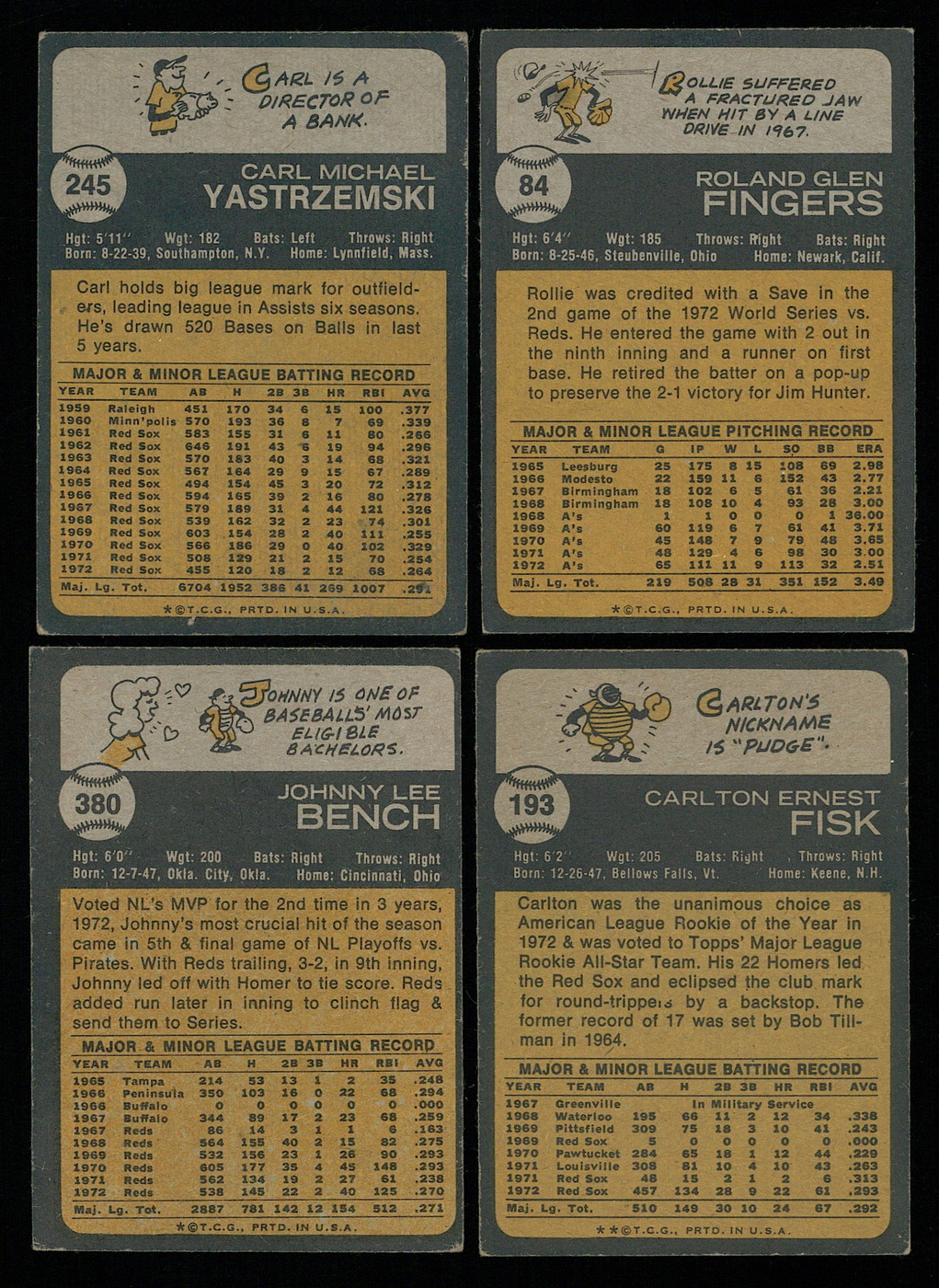 Lot of (4) 1973 Topps Baseball Cards with #84 Rollie Fingers, #245 Carl ...