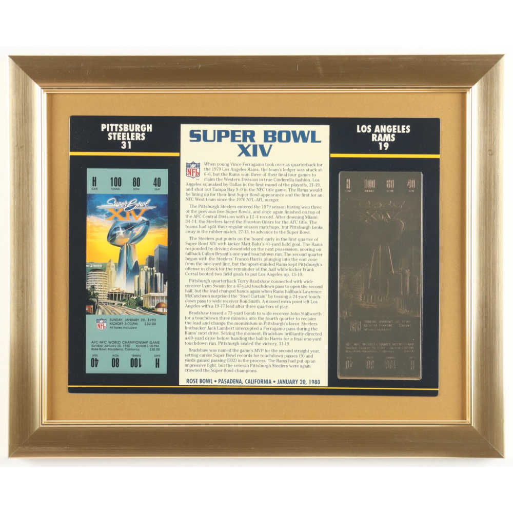 Super Bowl XIV Commemorative Score Card with 23KT Gold Ticket Framed ...