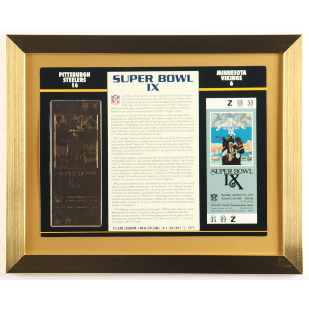 Super Bowl IX Commemorative Score Card with 23KT Gold Ticket Framed ...