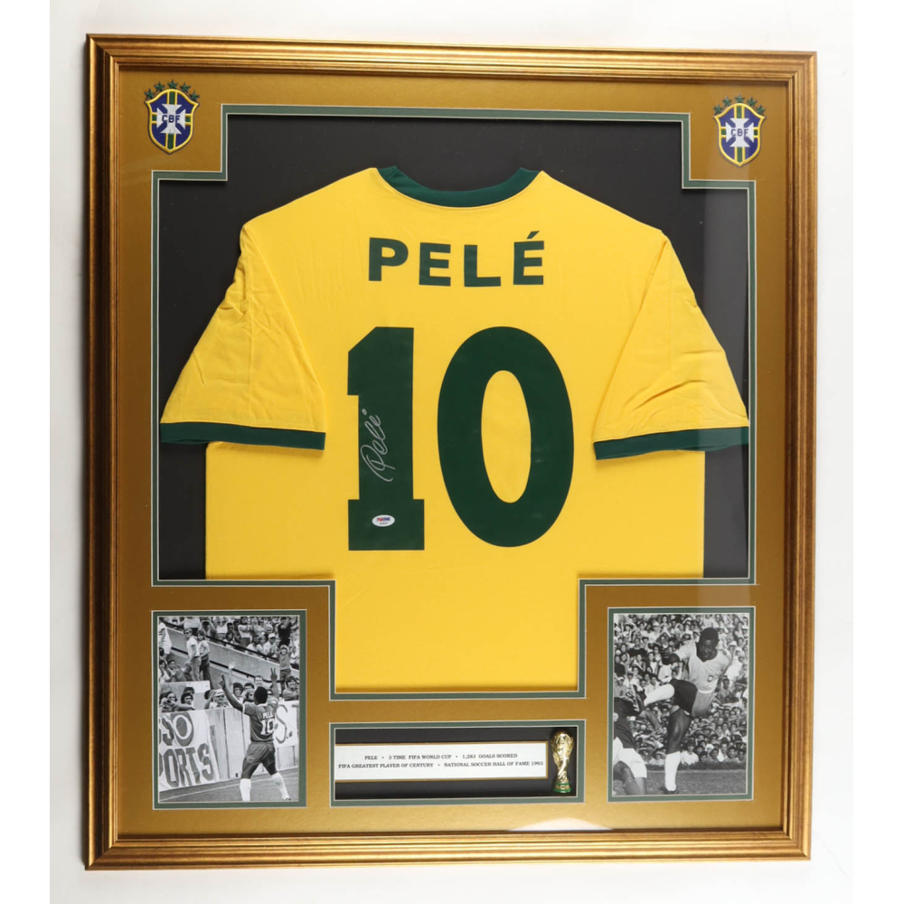Pele Signed Custom Framed Jersey Display With (2) Team Logo Patches ...