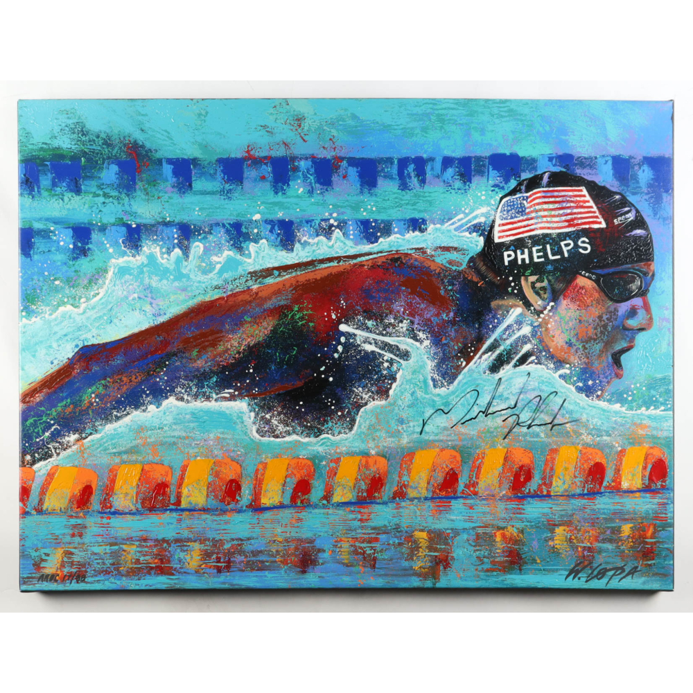 Michael Phelps Signed LE 30x40 Painted Canvas Art Piece by William Lopa ...