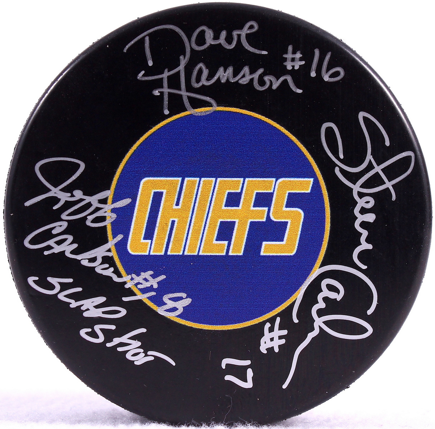Dave Hanson, Steve Carlson & Jeff Carlson Signed Chiefs Logo Hockey Puck Inscribed "Slap Shot ...