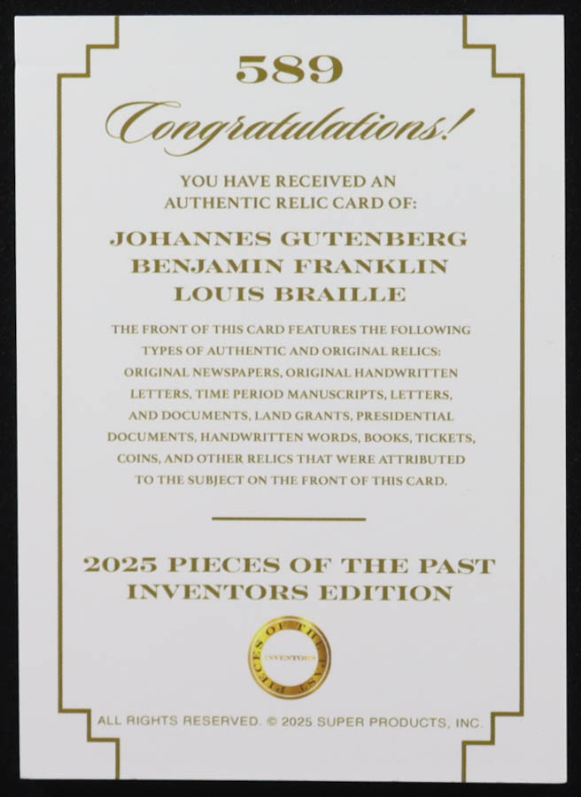 Johannes Gutenberg / Benjamin Franklin / Louis Braille 2025 Pieces of ...