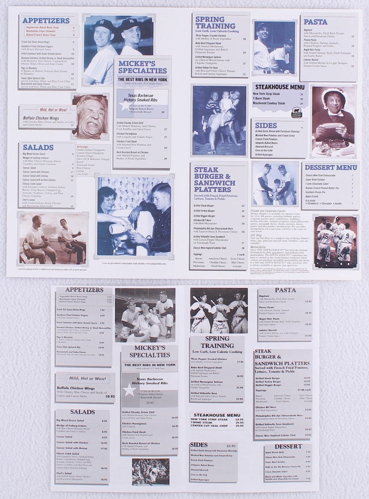 Lot of (3) Original Vintage "Mickey Mantle's" Restaurant Menu's ...