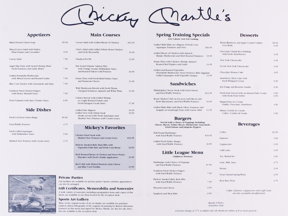 Unsigned Mickey Mantle's Restaurant Menu | Pristine Auction