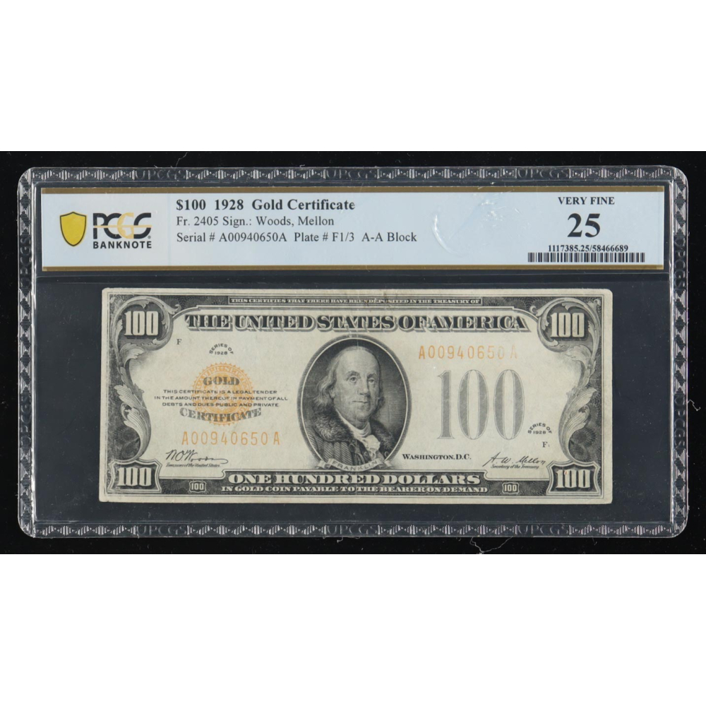 1928 U.S. $100 Gold Certificate - Fr. 2405 (AA Block) Woods | Mellon ...