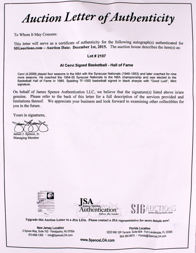 Al Cervi Signed Spalding Basketball Inscribed "Good Luck" (JSA ALOA ...