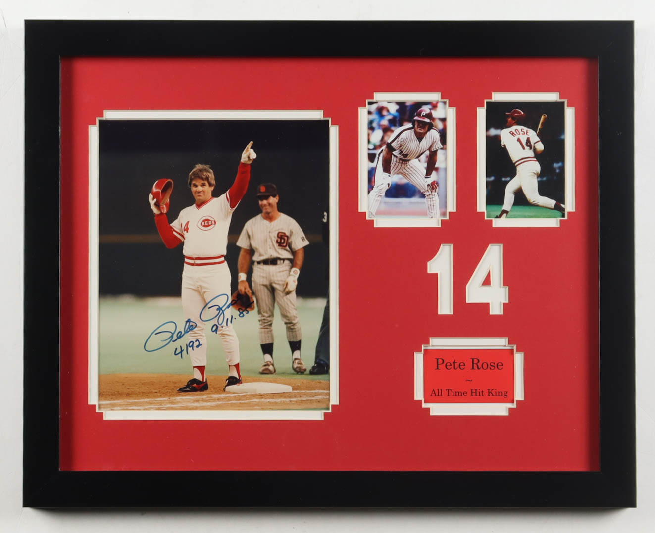 Pete Rose Signed Custom Framed Photo Display Inscribed "4192 9.11.85 ...