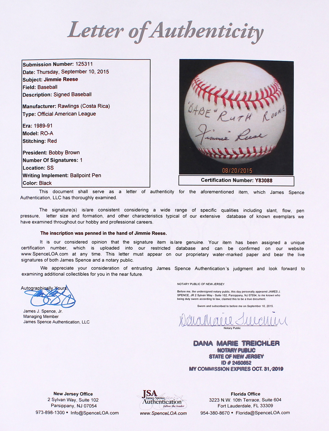 Jimmie Reese Signed OAL Baseball Inscribed "Babe Ruth Roomie" (JSA LOA ...